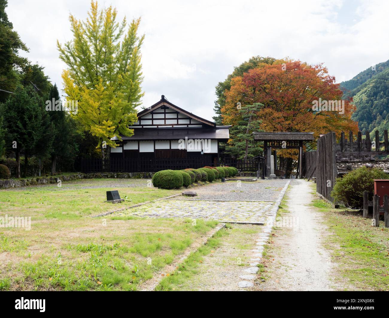 Kiso, Nagano prefecture, Japan - October 23, 2017: Fall foliage at the entrance to Fukushima ...