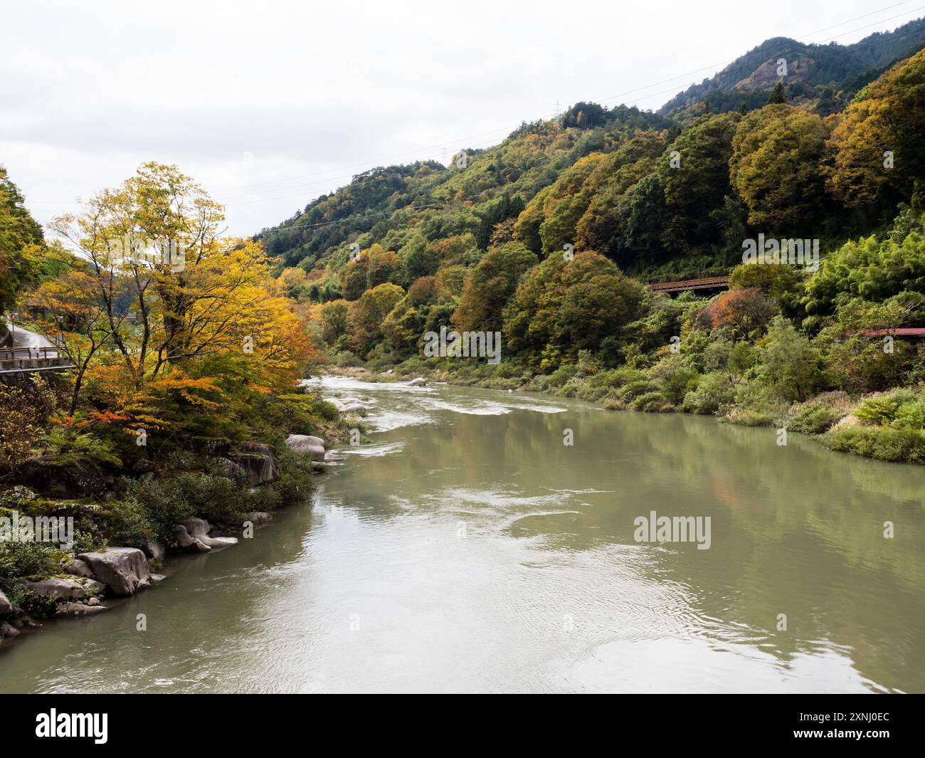 Scenic Kiso river valley in early fall with leaves starting to change ...