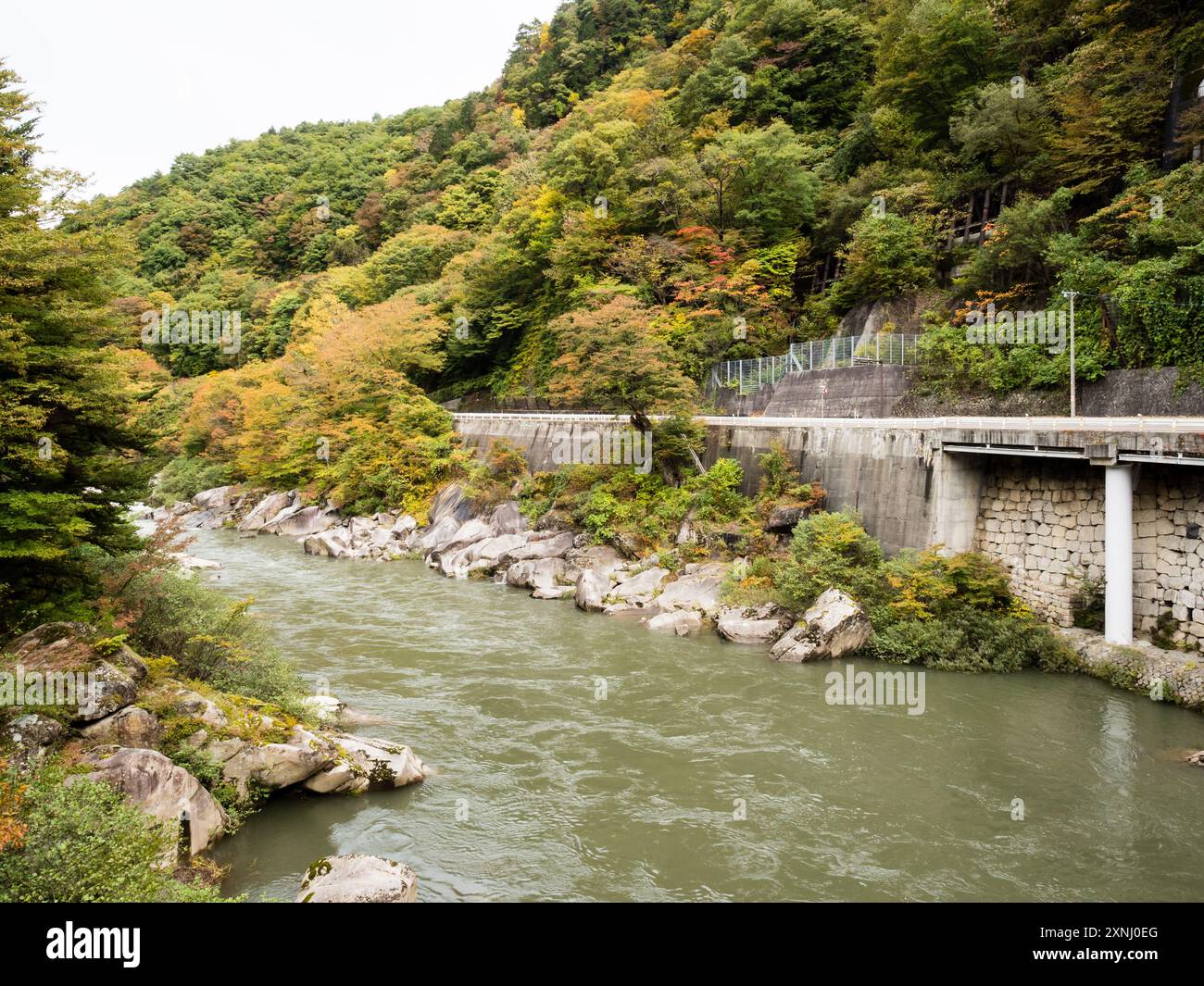 Kiso river and the remainings of Kiso-no-Kakehashi, a historic landmark in Kiso valley Stock ...