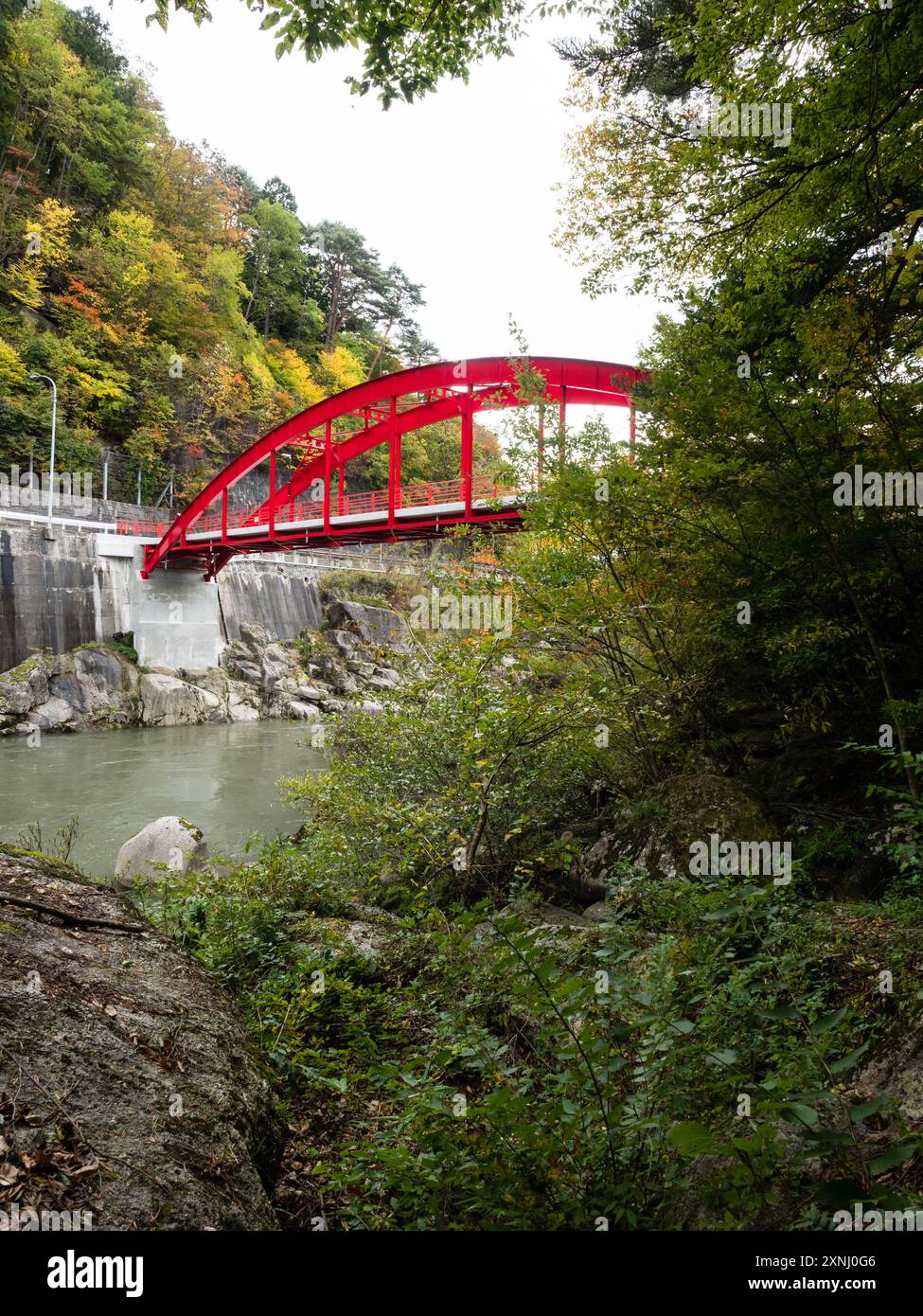 Red bridge over the Kiso river at Kiso-no-Kakehashi, a scenic spot in ...