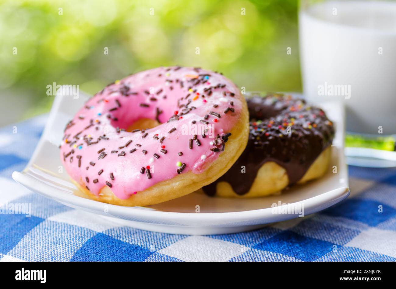 Fresh donuts and glass of milk on nature background Stock Photo - Alamy