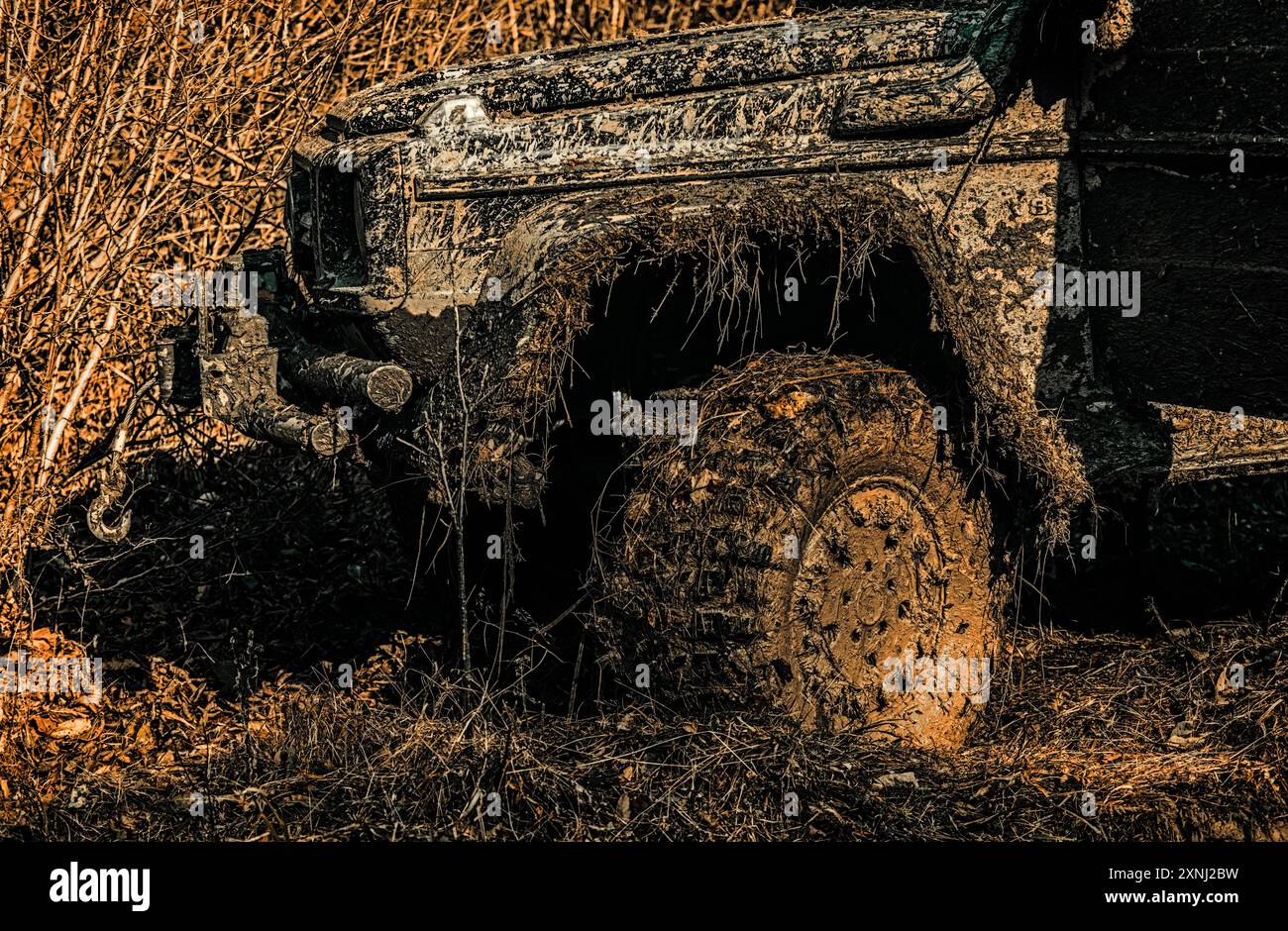 Bottom view to big offroad car wheel on country road and mountains ...
