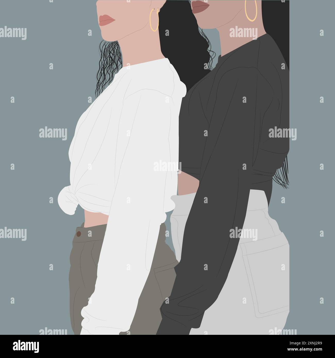 A detailed drawing depicting two women standing closely next to each ...