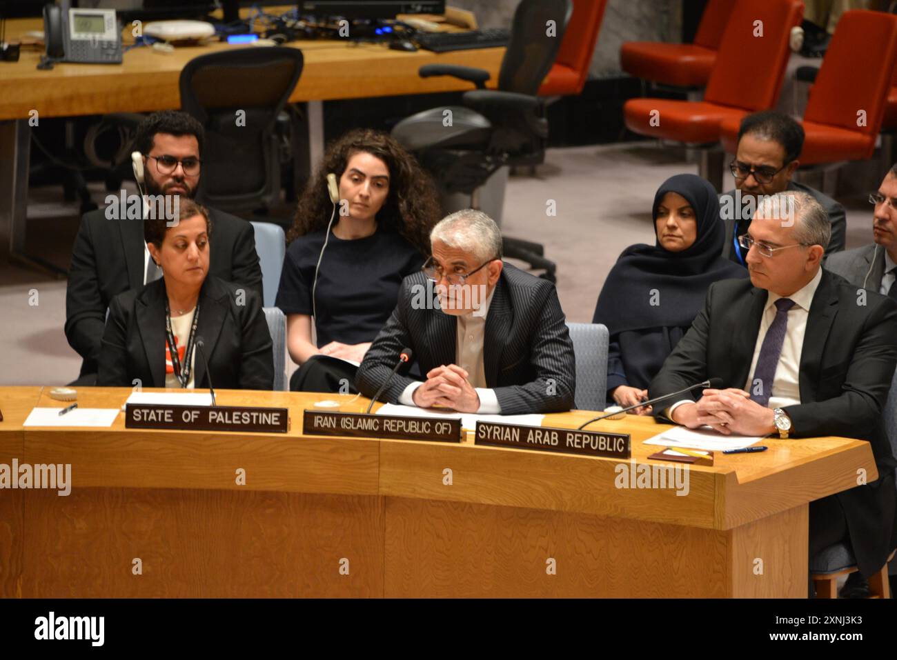 Iranian Ambassador to the United Nations Amir Saeid Iravani (front, C ...