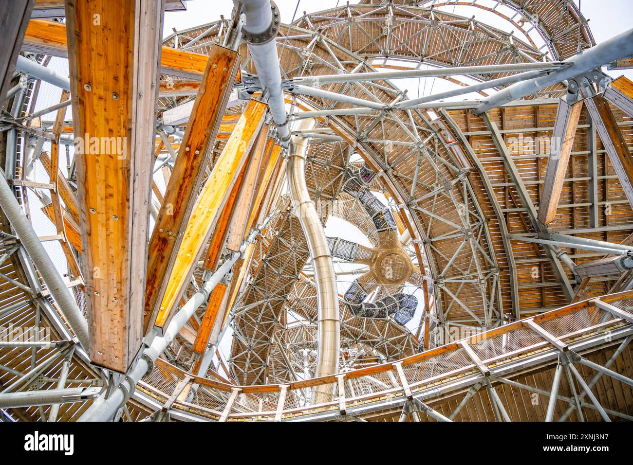 Looking up from the inside of the Sky Walk Tower, showing the intricate ...