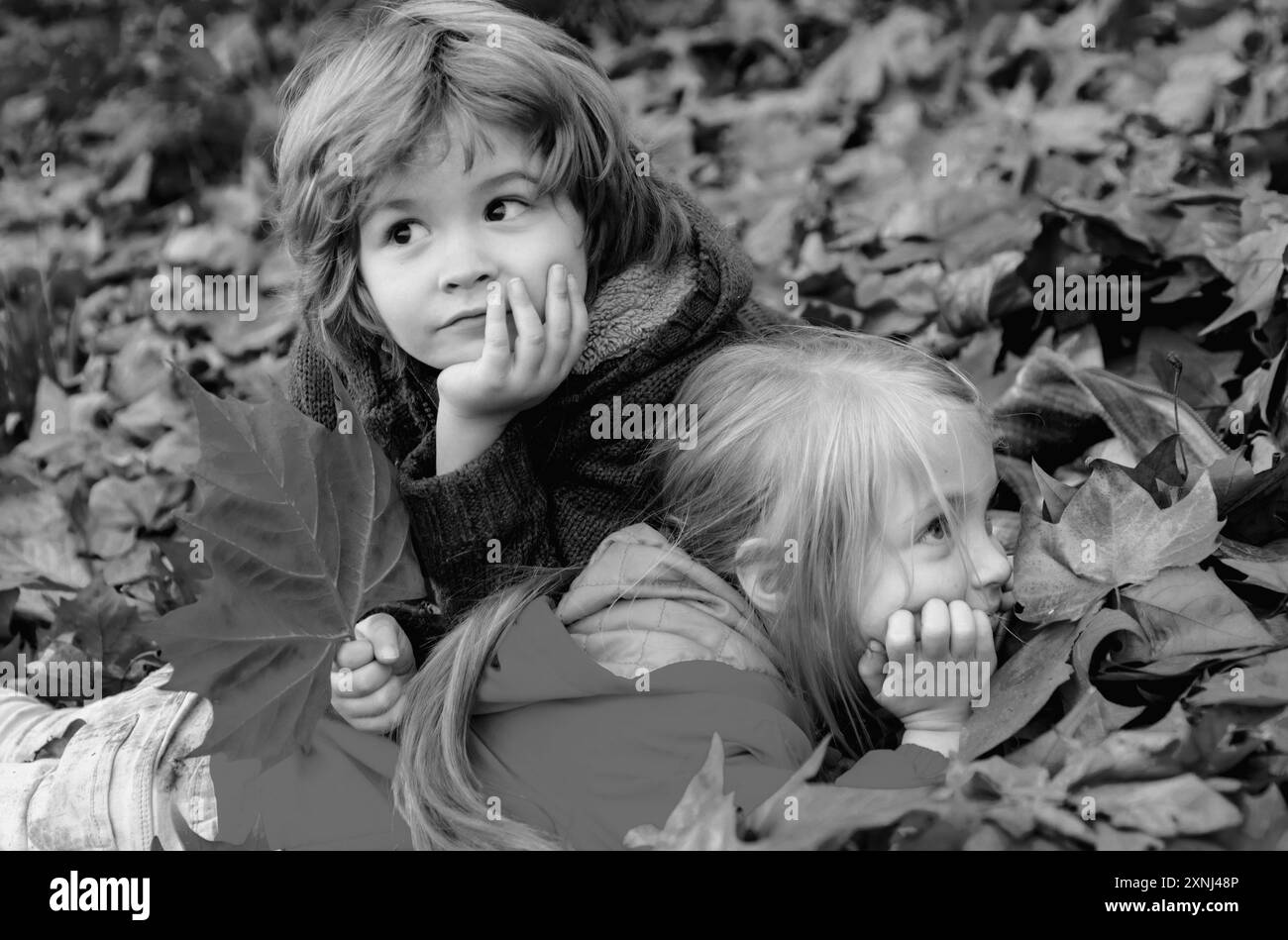 Little boy and girl dreaming in autumn park. Colorful foliage, maple ...