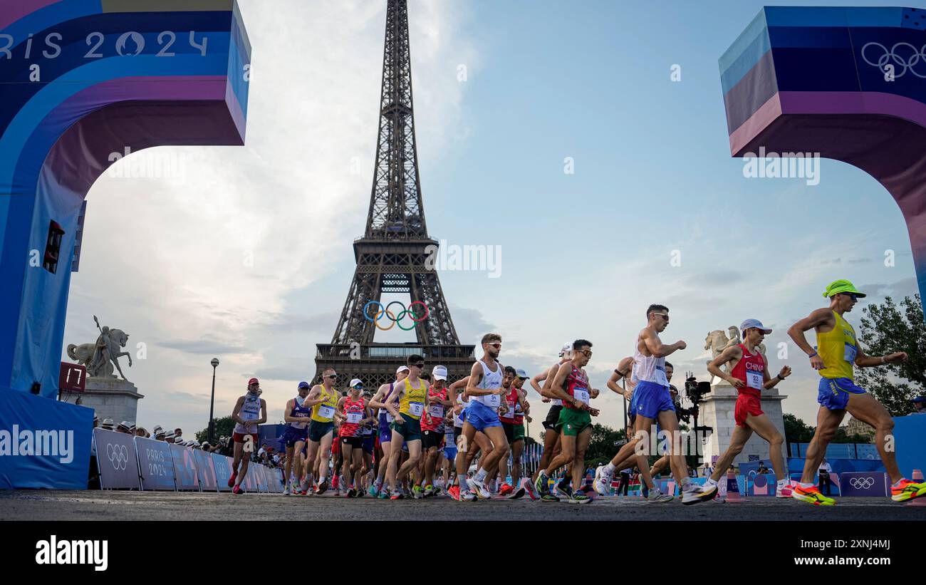 Athletes compete during the men's 20km race walk at the 2024 Summer ...