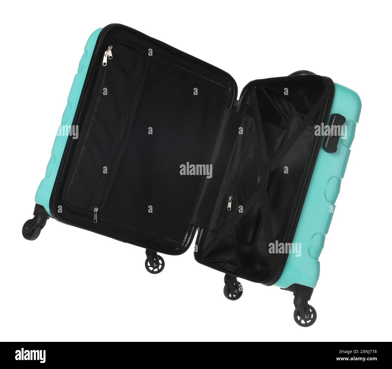 Open empty suitcase for travelling in air isolated on white Stock Photo ...