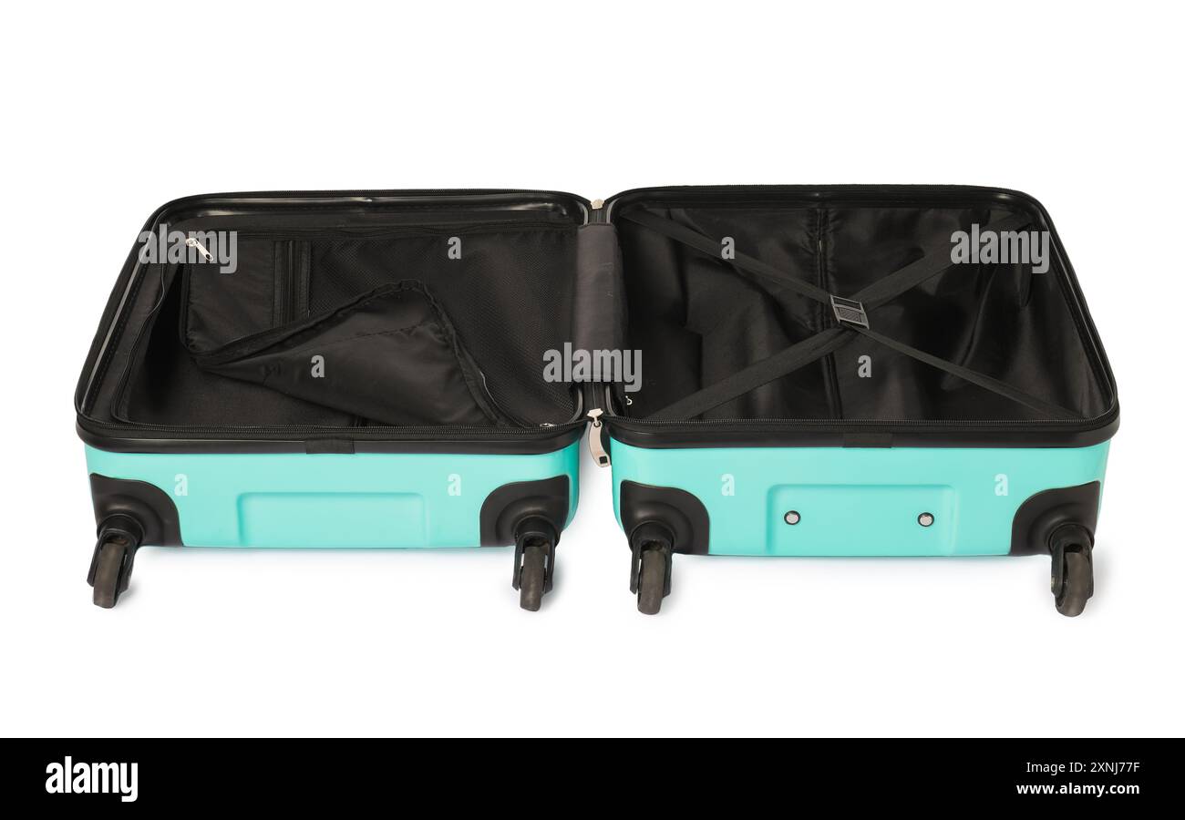 Open empty suitcase for travelling isolated on white Stock Photo - Alamy