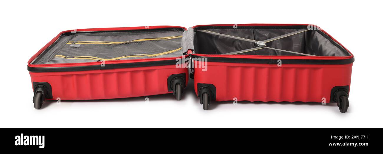 Open empty suitcase for travelling isolated on white Stock Photo - Alamy
