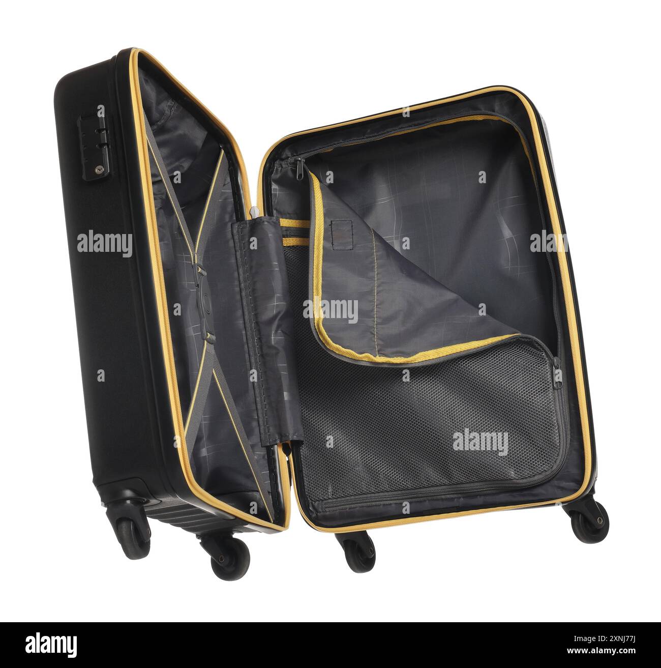 Open empty suitcase for travelling in air isolated on white Stock Photo ...