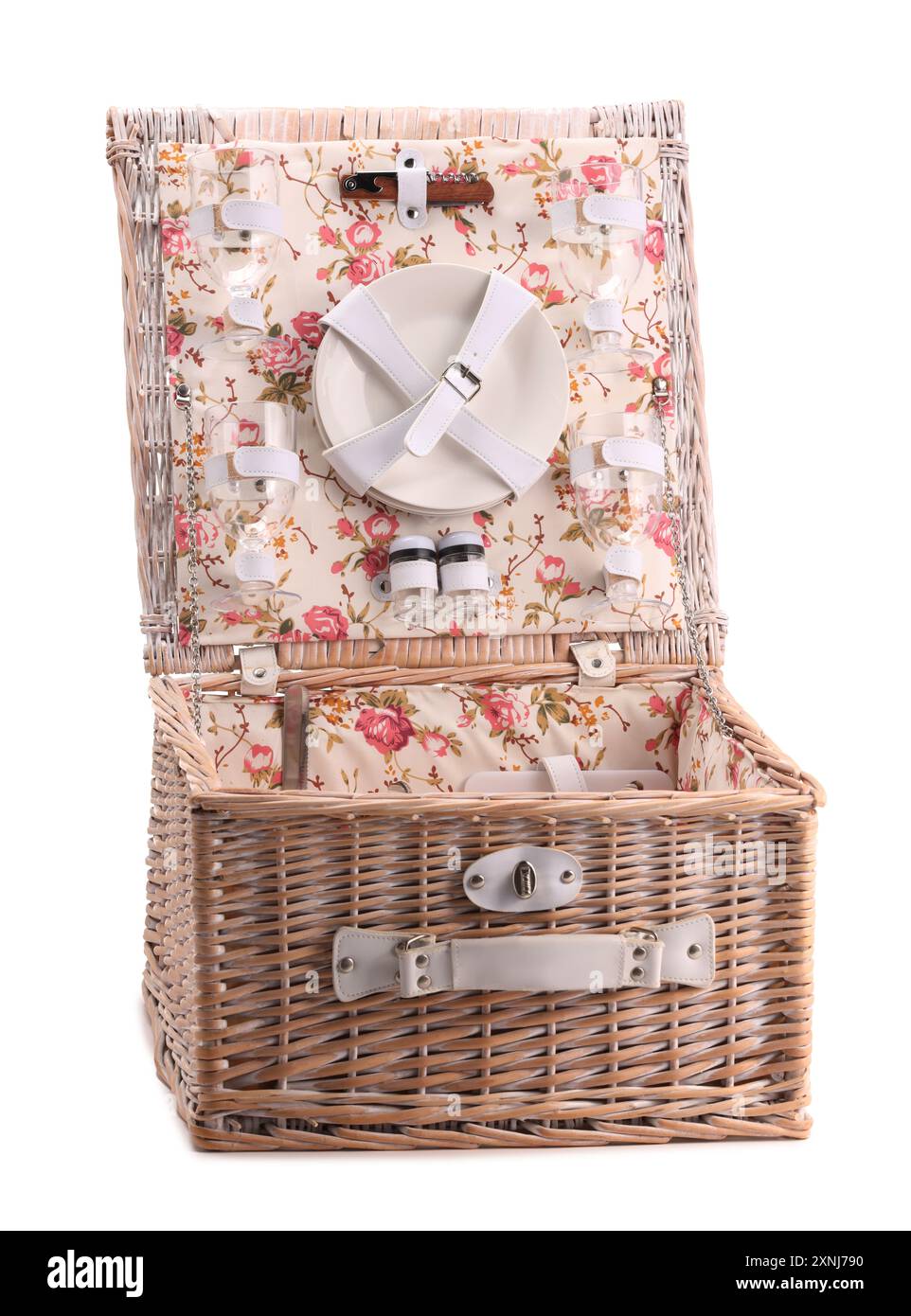 One open picnic basket with tableware isolated on white Stock Photo - Alamy