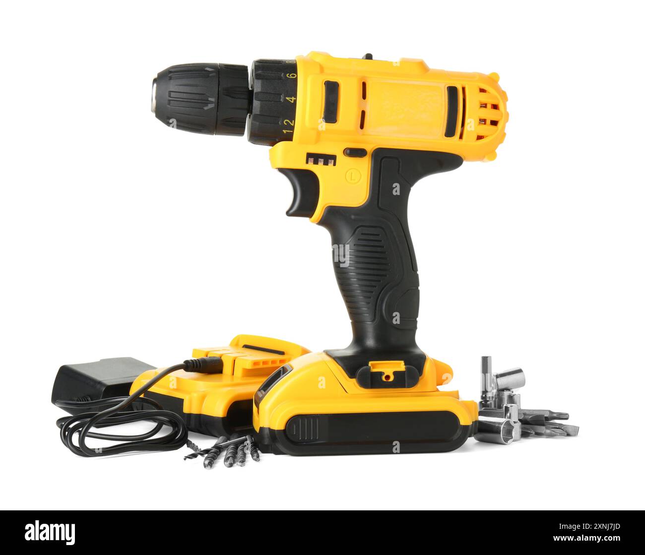 Modern cordless electric screwdriver, drill bits, charger and battery ...