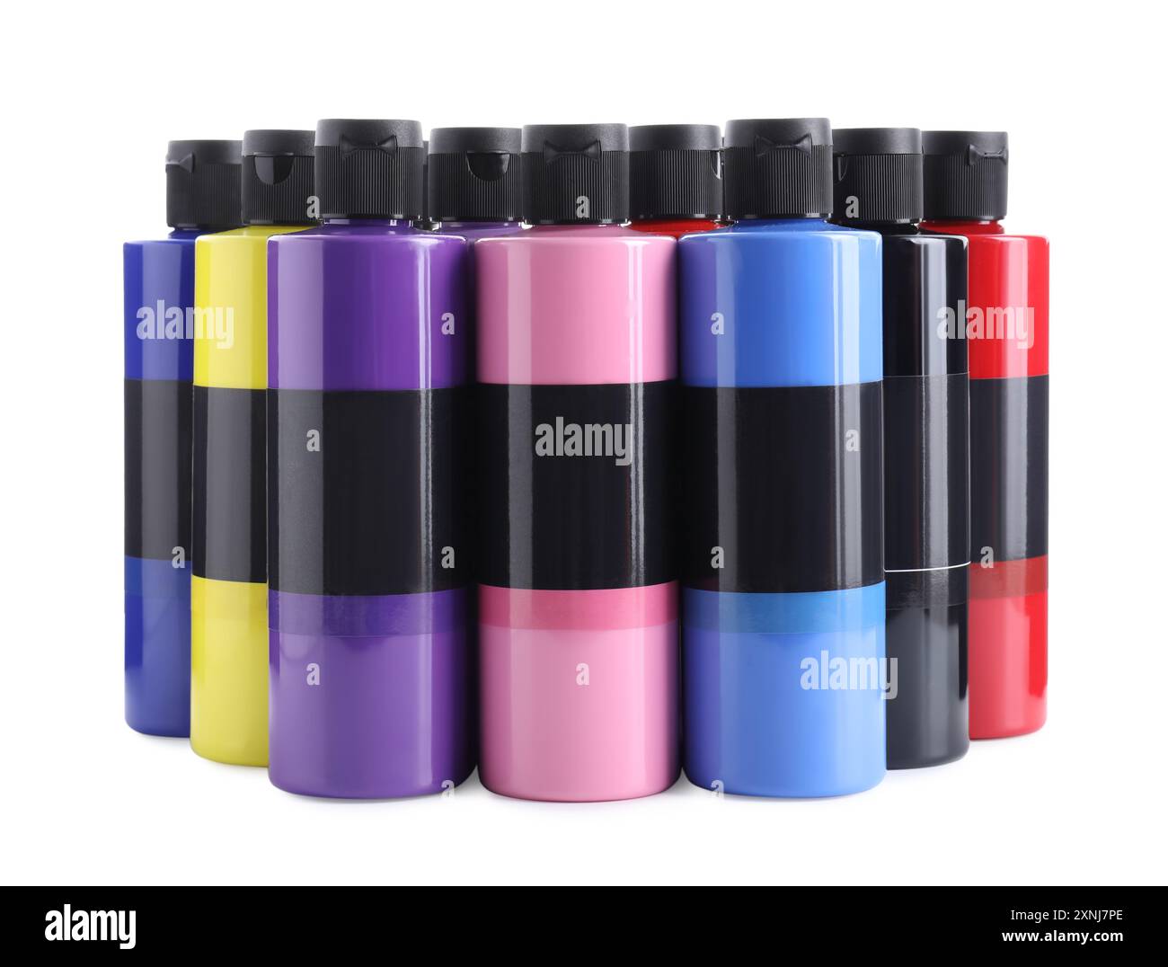 Acrylic paints of different colors in bottles isolated on white Stock ...