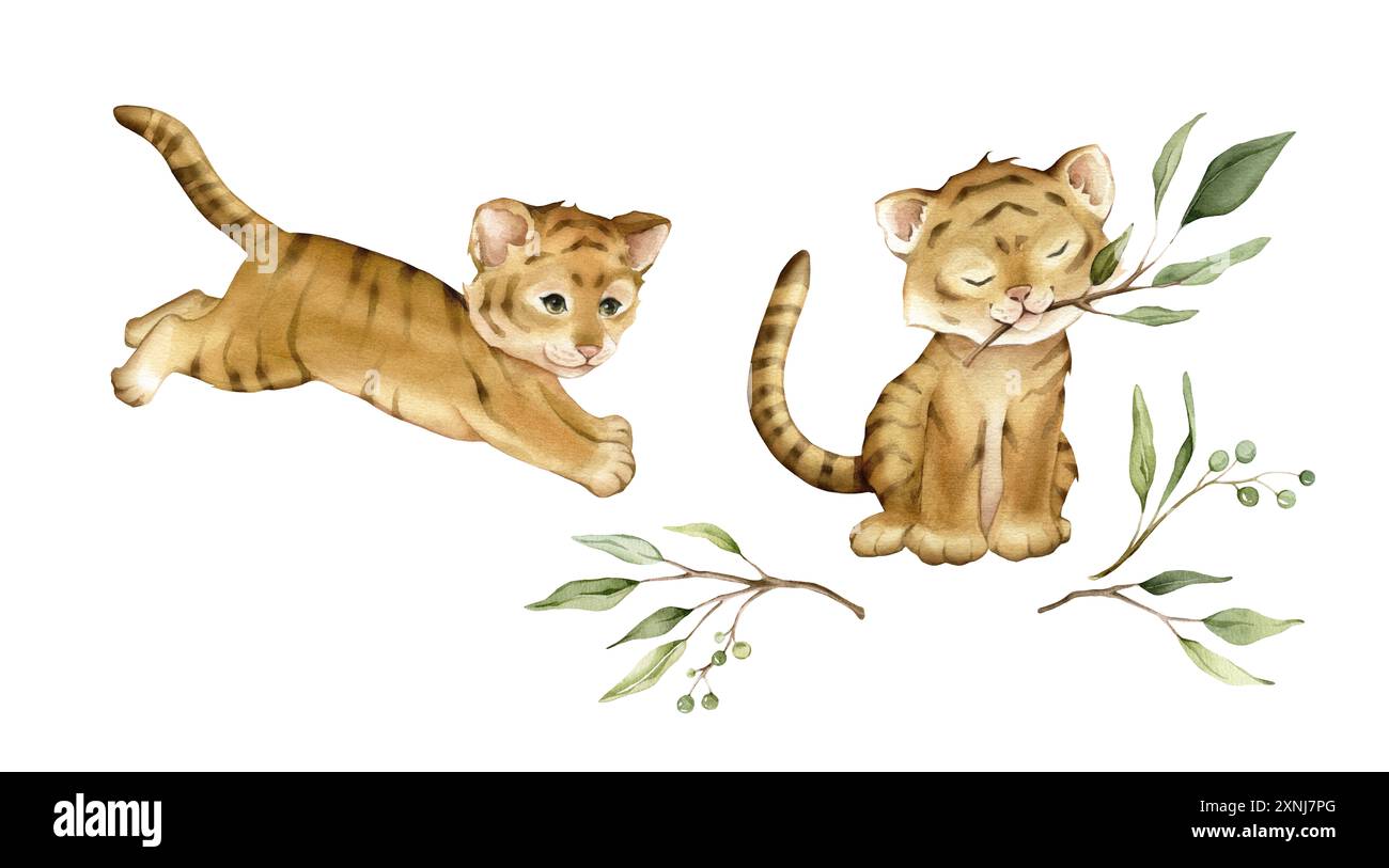 Set of cute kawaii two tigers jumping and sitting with green branch ...