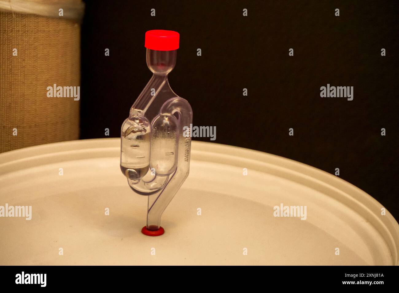 Airlock on home brewing bucket close up view Stock Photo - Alamy