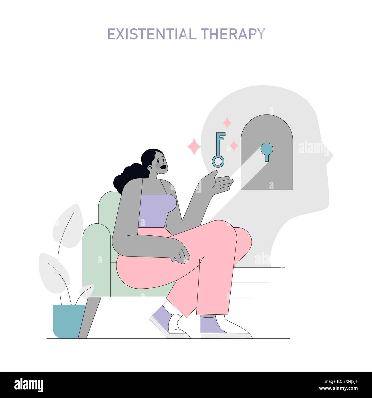 Humanistic Psychology concept. Illustration of existential therapy with a woman holding a key to ...