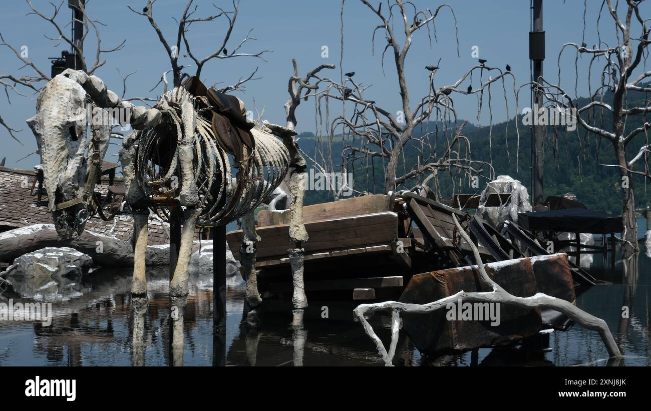 A skeleton horse is floating in a body of water. The scene is eerie and ...