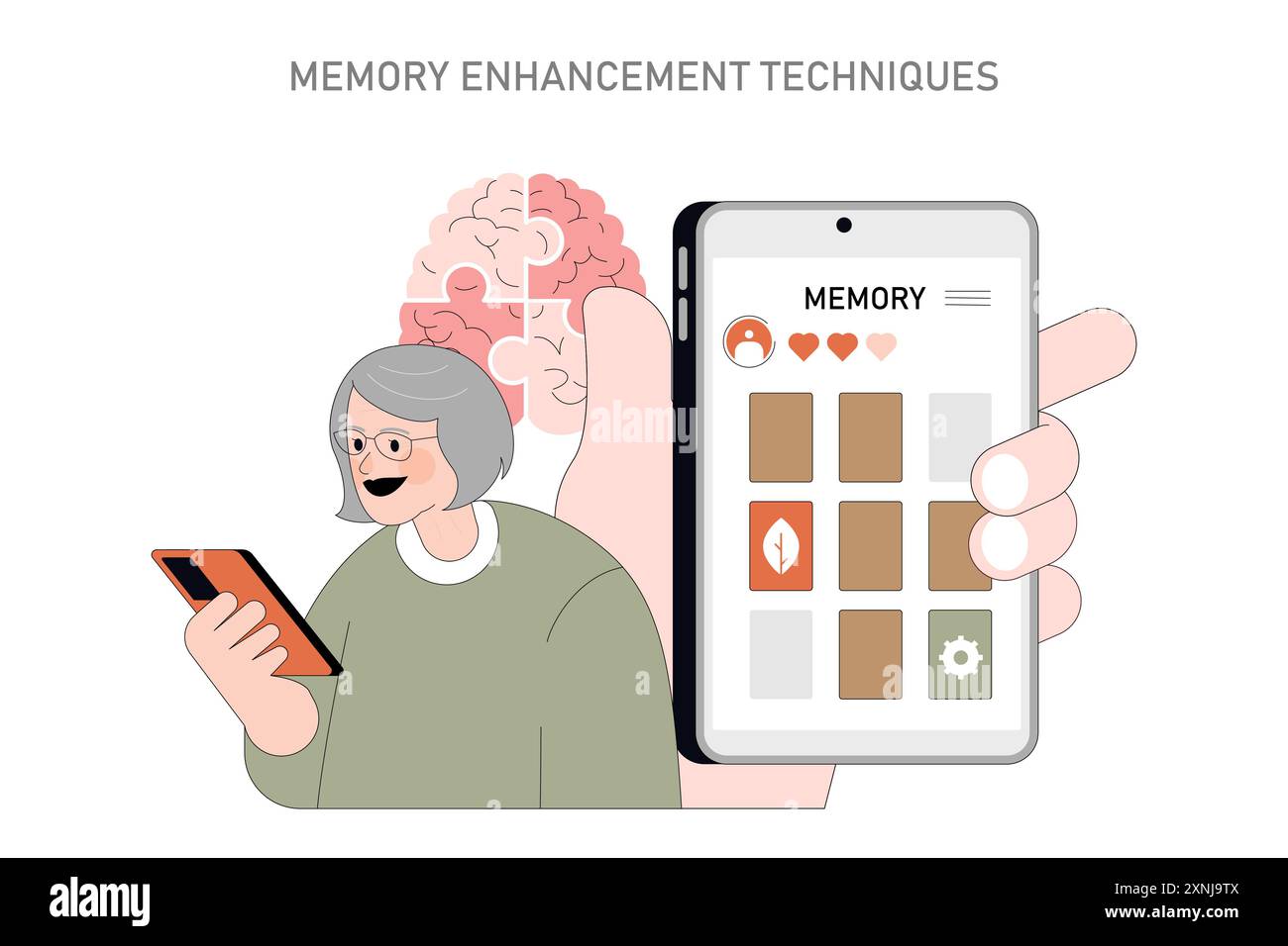 Positive Aging concept. Elderly woman using a memory enhancement app to ...