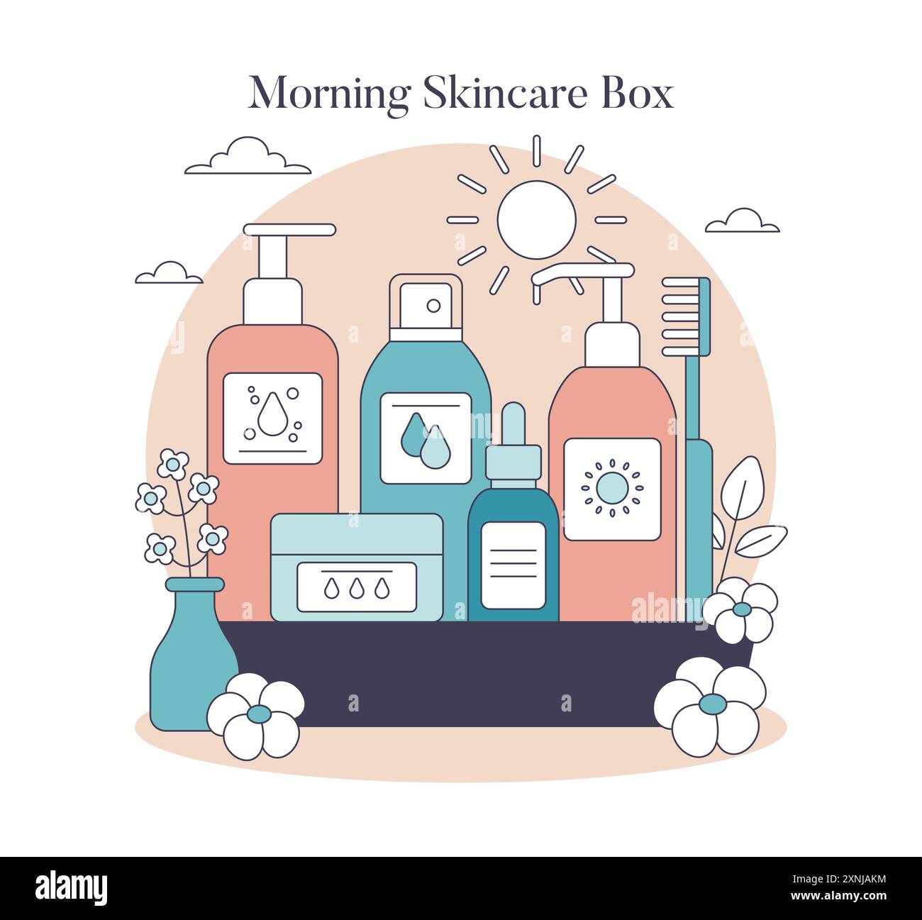 Morning Skincare Box concept. Bottles and tubes for daily face care ...