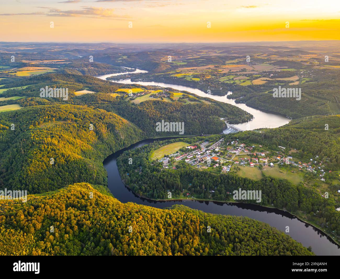 The stunning panorama showcases the Slapy Water Reservoir on the Vltava ...