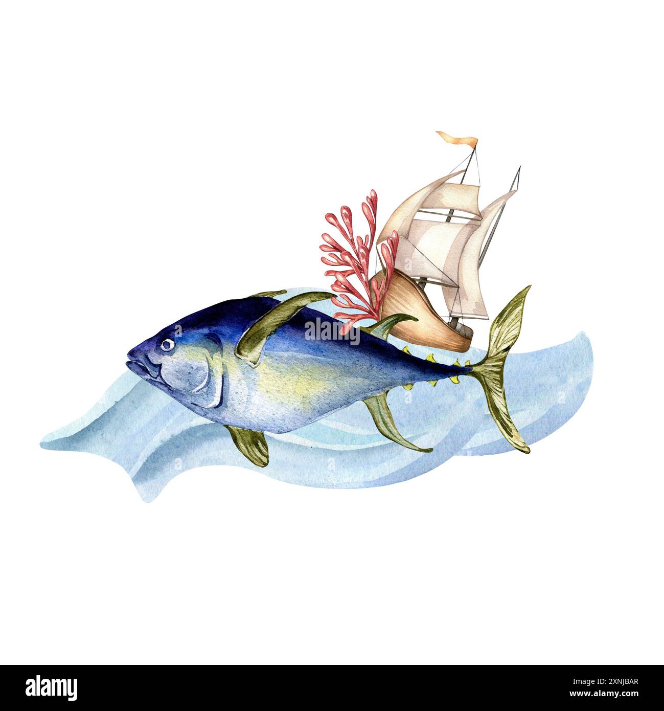 Big blue fish swimming on waves, with red coral and a small sailing ...