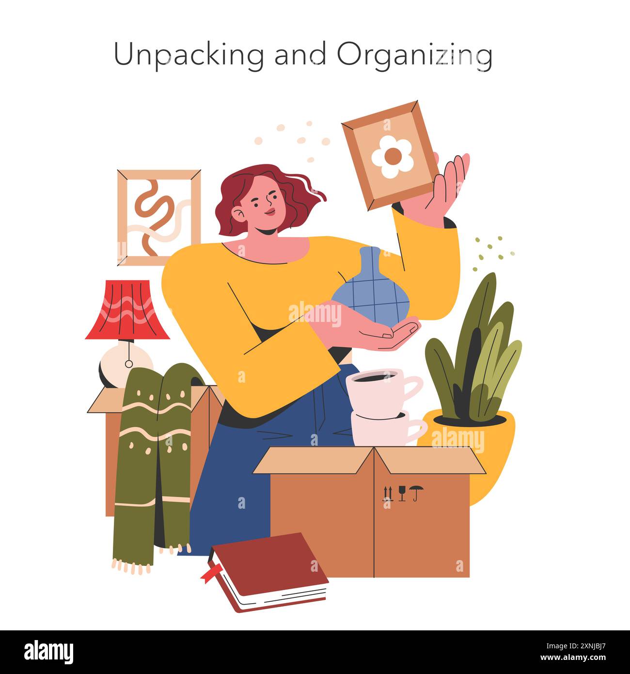 Moving House concept. A person joyfully unpacking belongings and ...