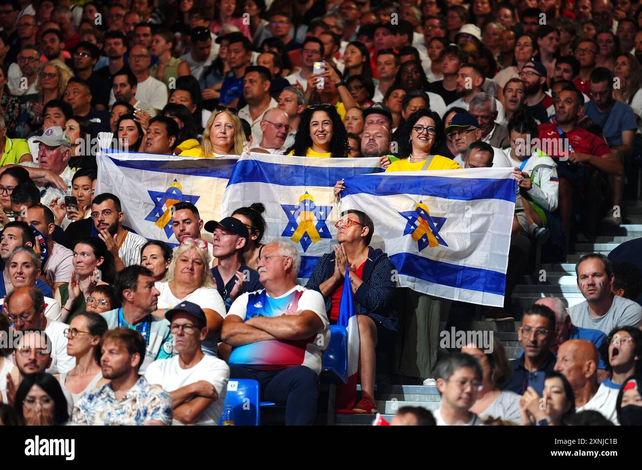 Spectators with Israel flags at the Champ-de-Mars Arena on the sixth ...