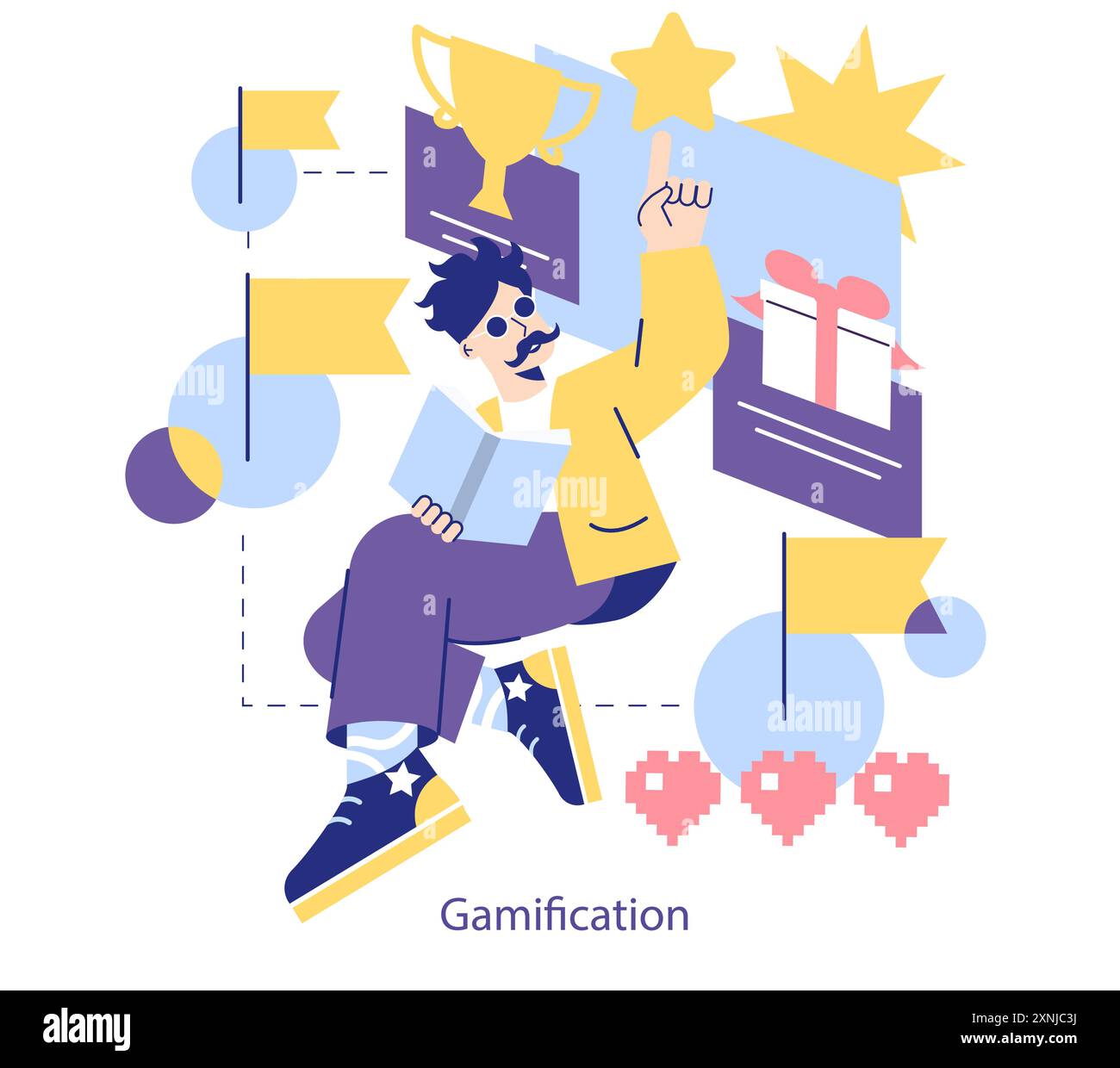Gamification concept. Illustration depicting a character engaging with game elements for ...