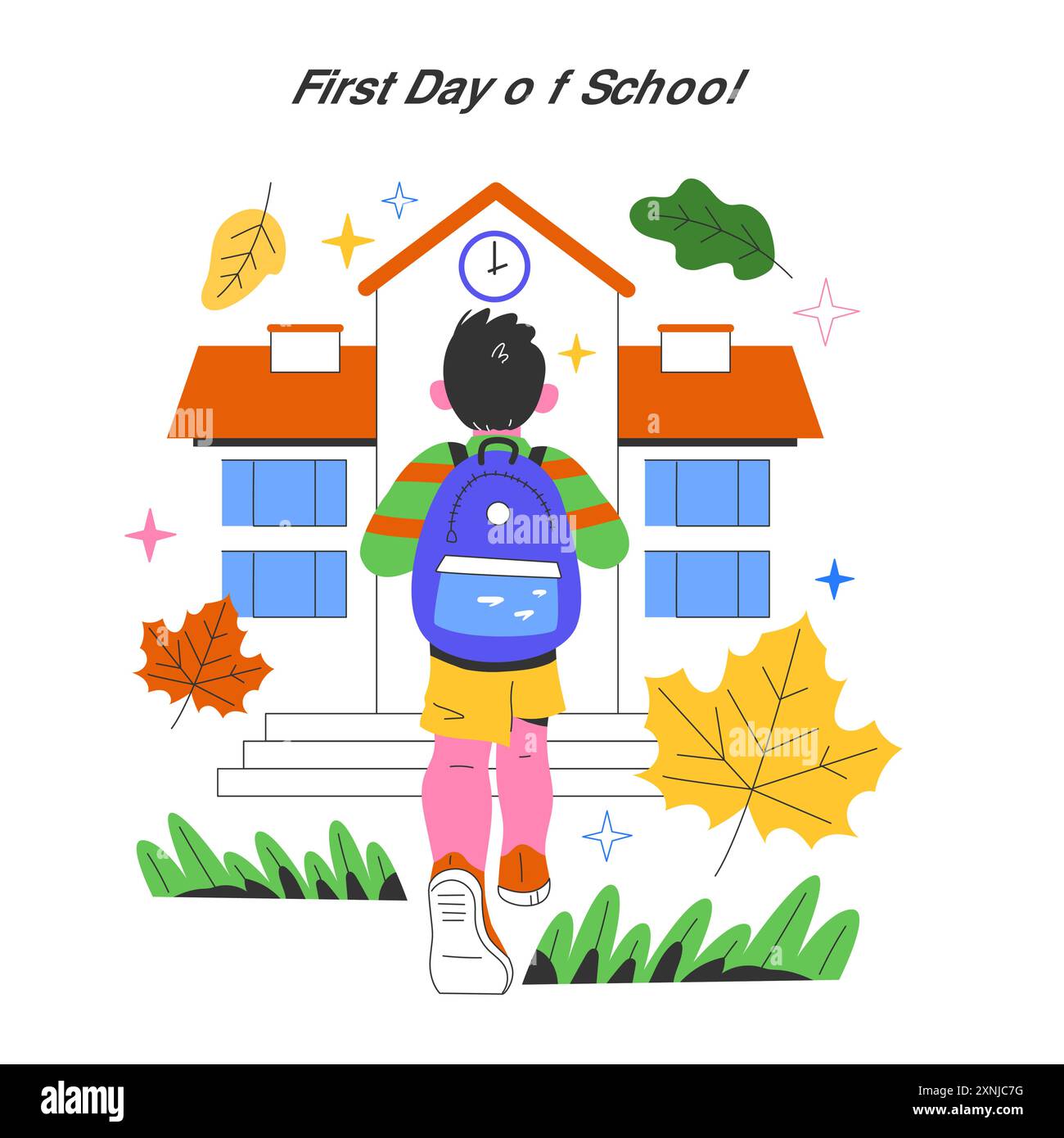 Back to School concept. Child standing in front of schoolhouse ready to ...
