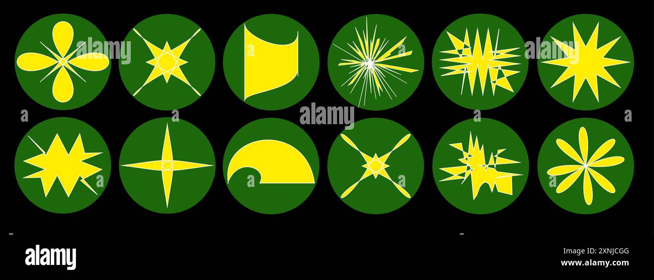 Brutalist sticker set with unusual yellow shapes on black and green ...