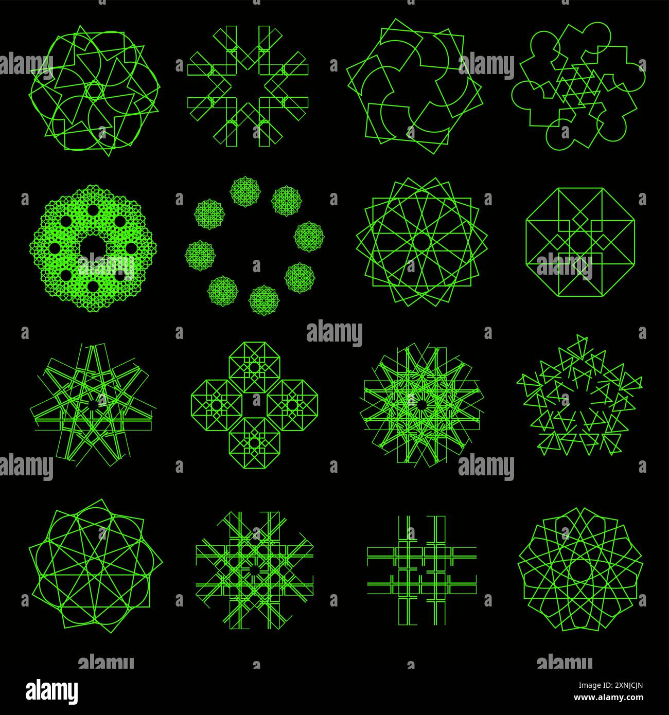 Brutalist sticker set with unusual lime and bright green shapes on a ...