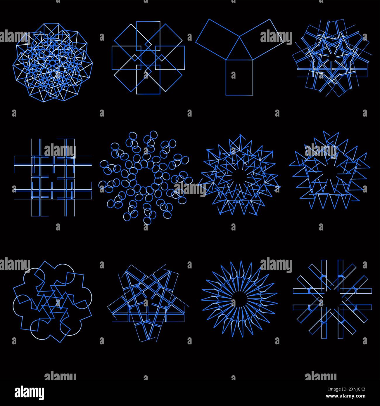 Brutalist sticker set with unusual blue and white shapes on a black ...