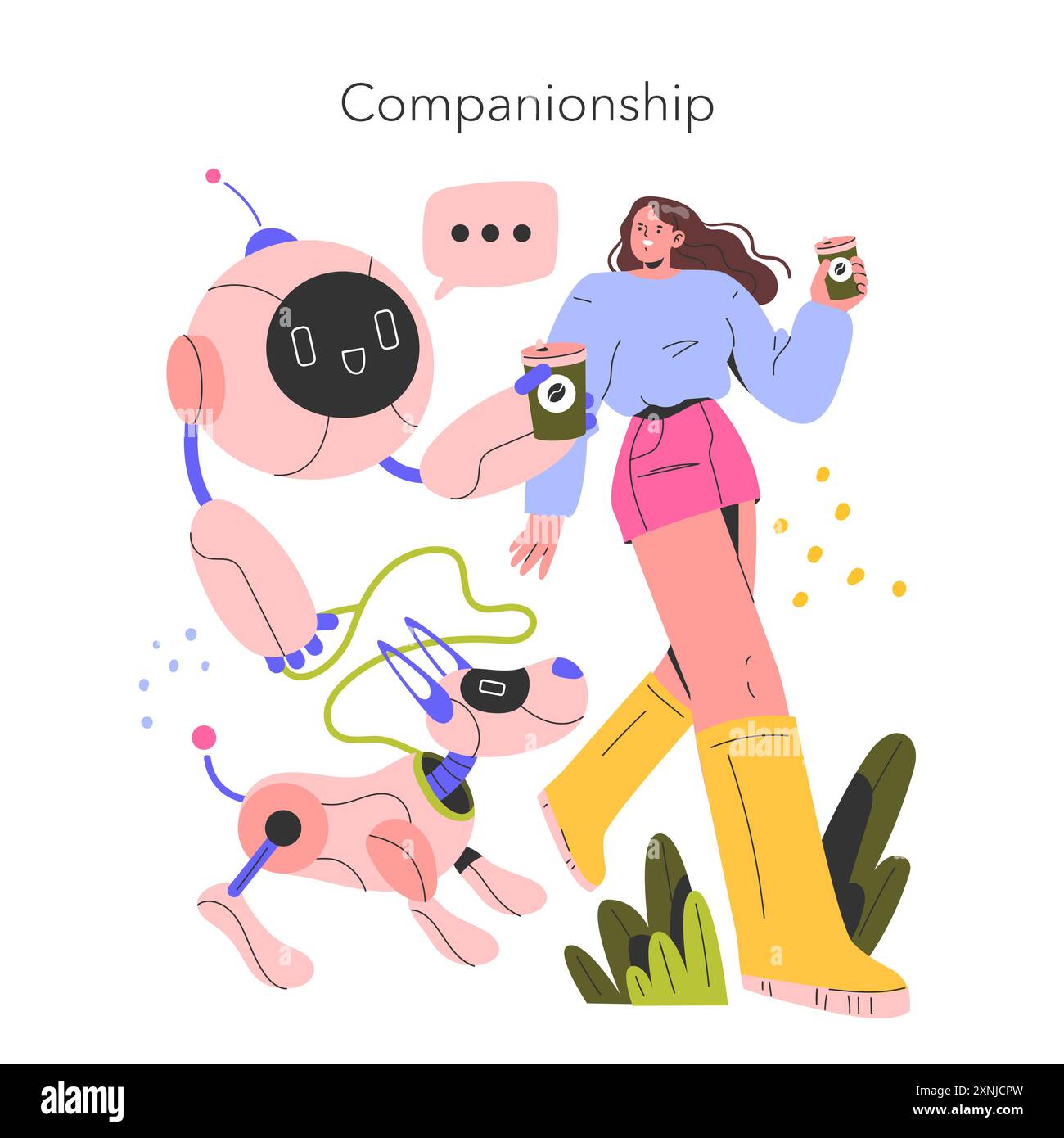 Robot Assistants concept. A woman enjoys the company of her robot pals ...