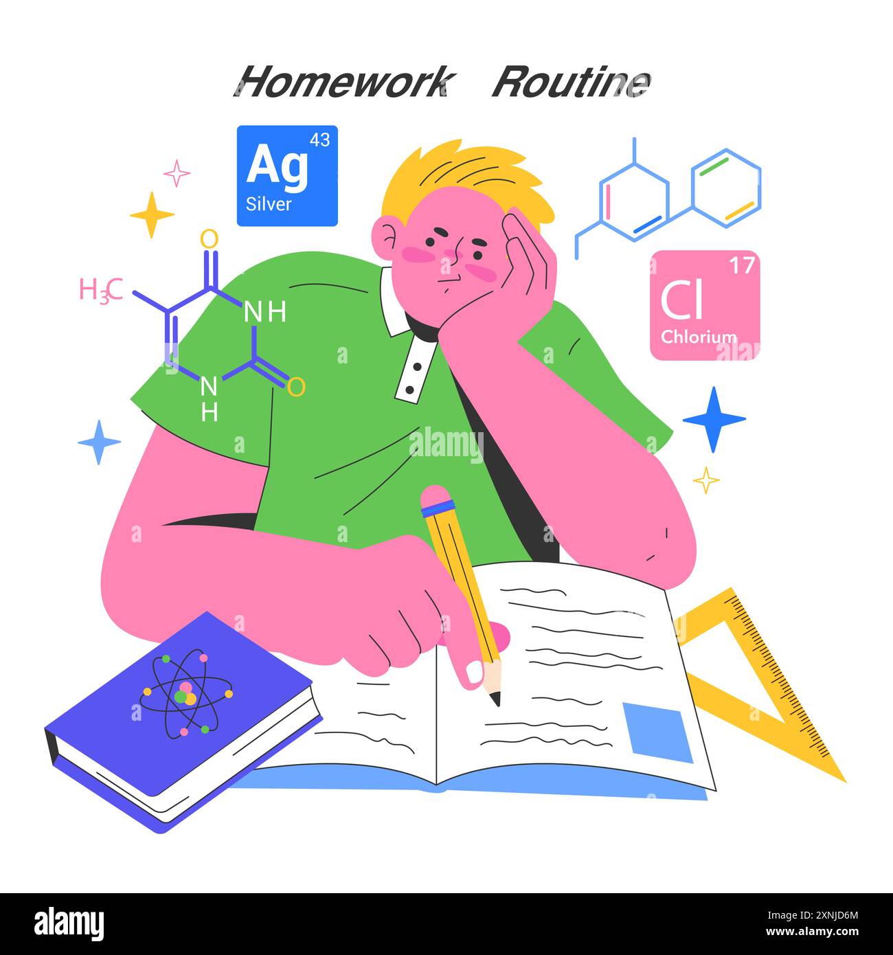 Back to School concept. Student immersed in homework with chemistry ...