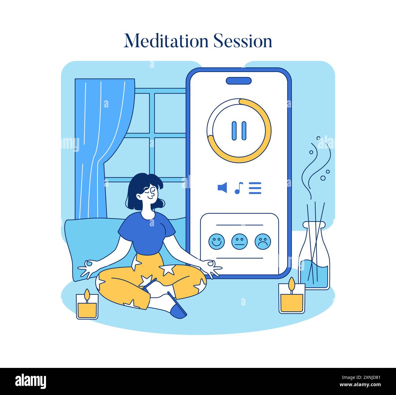 Meditation session concept. Woman relaxing with a health app ...