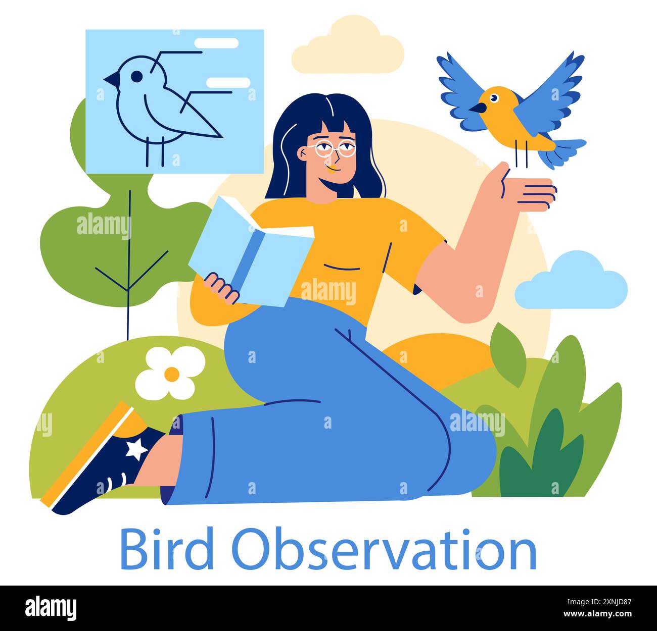 Birdwatching concept. A cheerful person engaging with a colorful bird ...