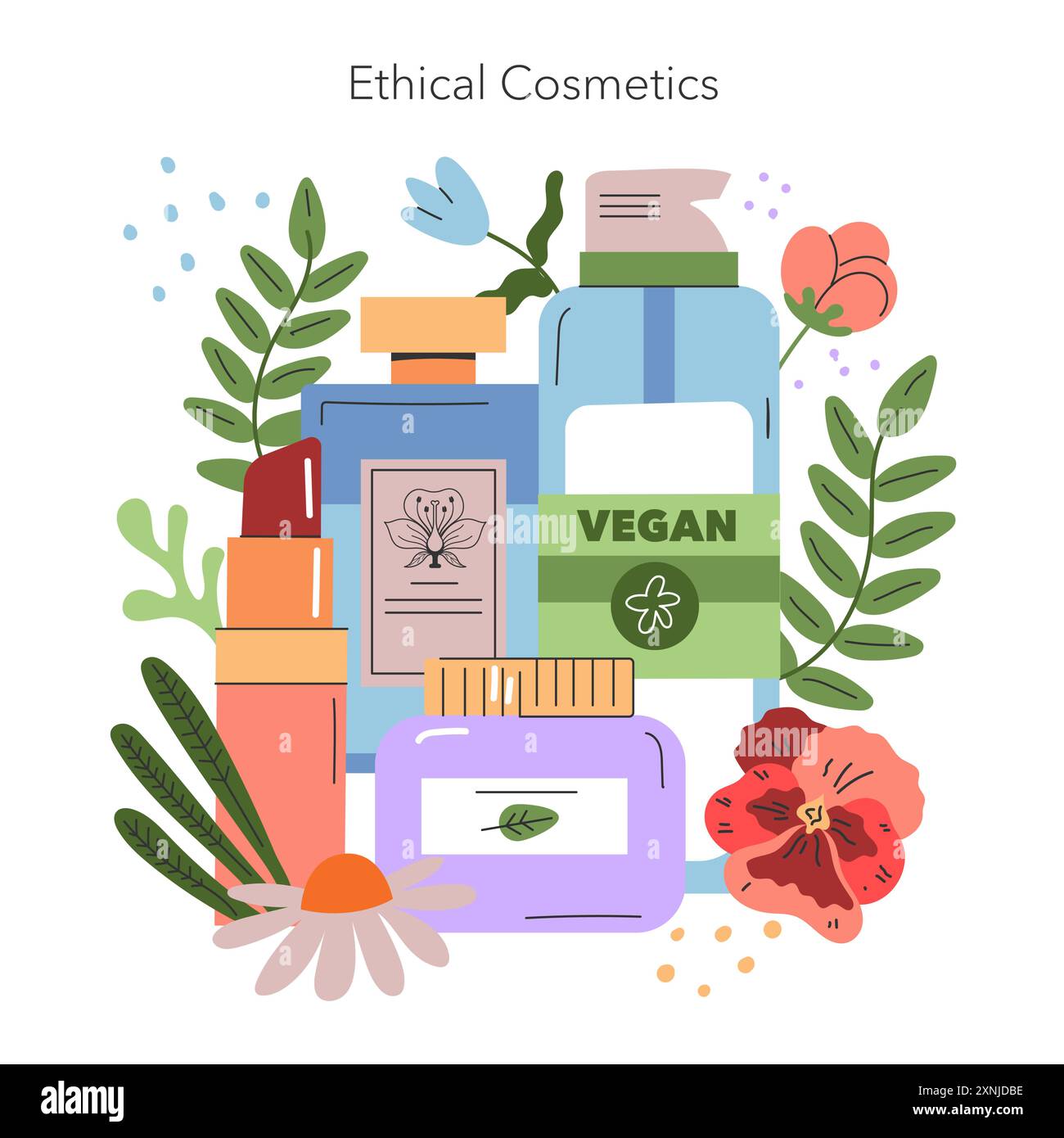 Ethical Cosmetics concept. Illustration of vegan skincare products amid ...