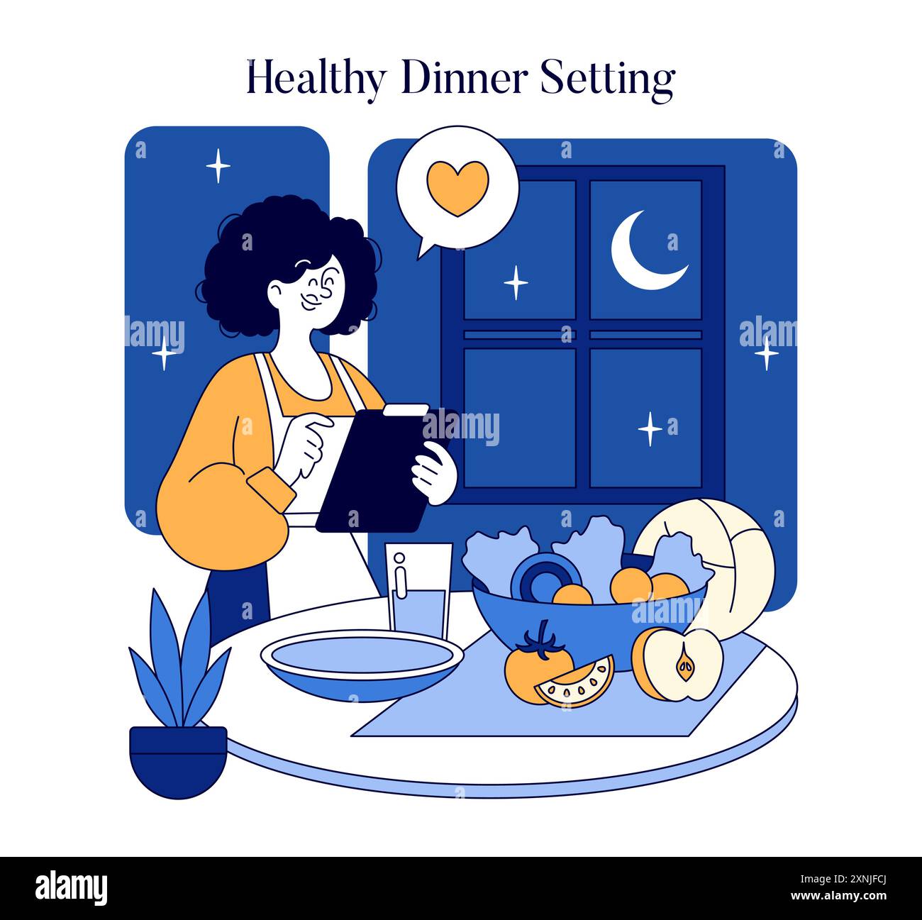 Night Wellness concept. Woman enjoys a healthy meal by moonlight ...