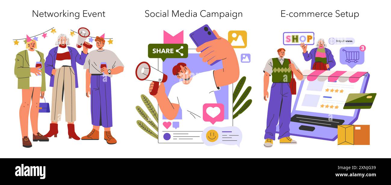 Business Startup set. Networking events, social media campaigns, e ...