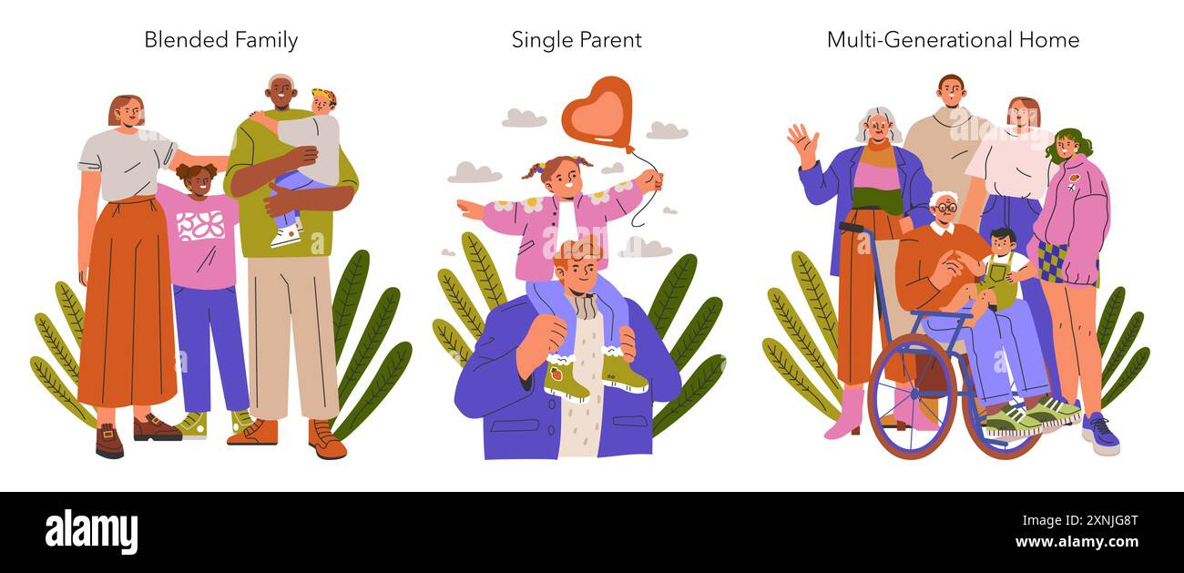 Modern Families set. Illustrations portraying diverse family structures, including blended ...