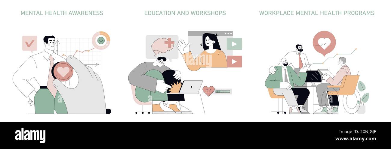 Mental health awareness set. Illustration of support, education, and ...