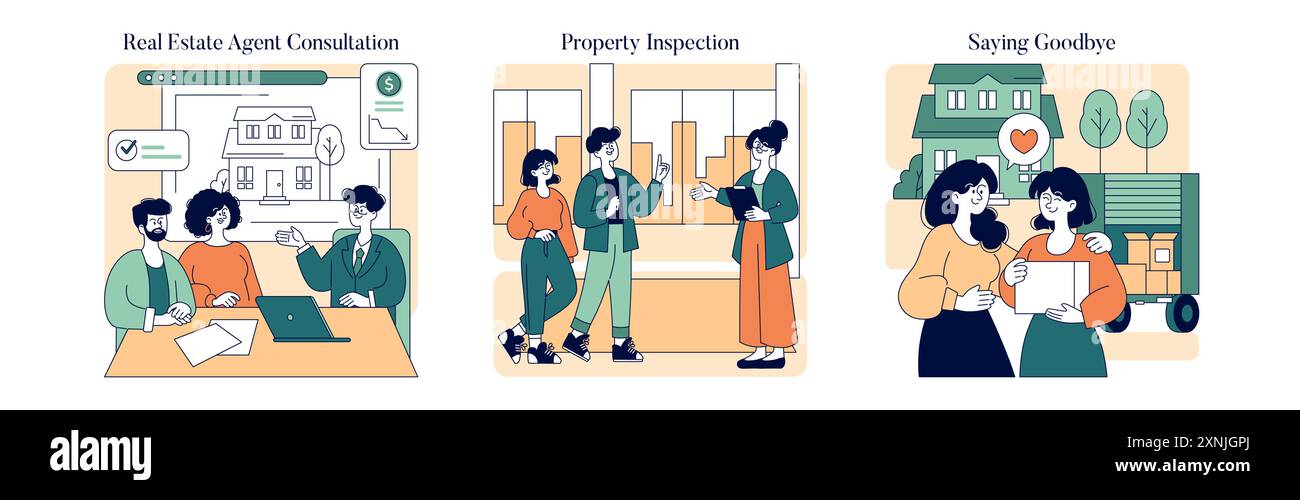 Moving Out set. Consultation with real estate agent, property ...