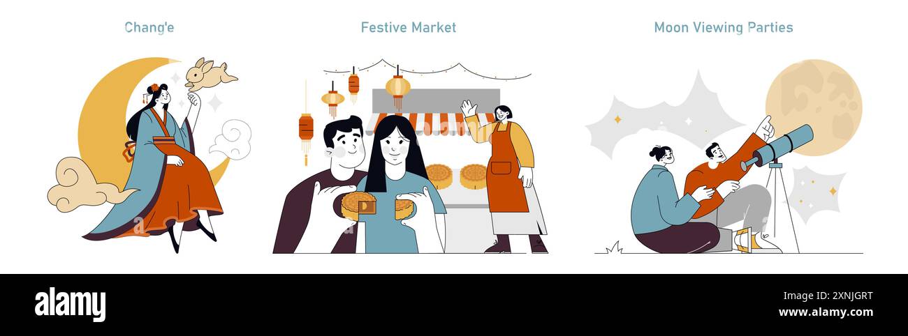 Mid Autumn Festival set. Mythical Chang'e, bustling festive market, and ...