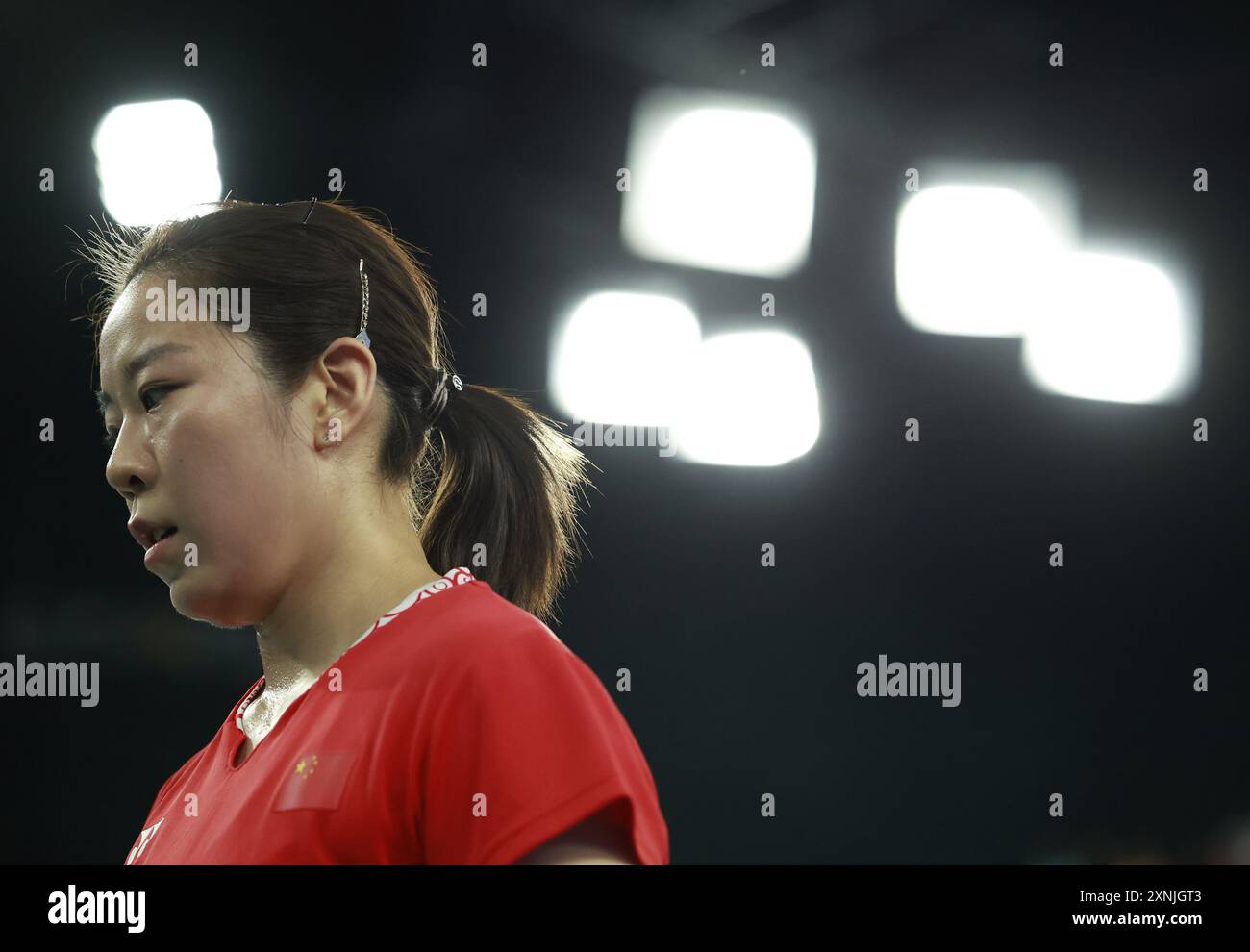 Paris, France. 1st Aug, 2024. Jia Yifan of China reacts during the badminton women's doubles ...