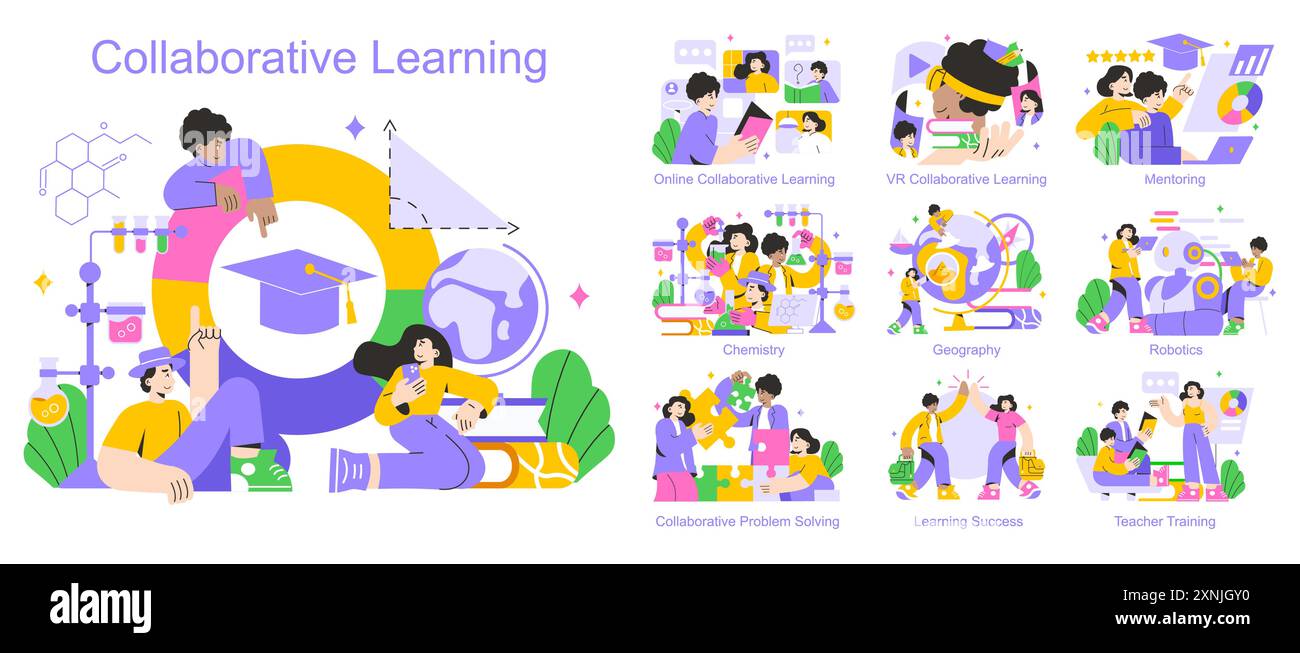 Collaborative Learning set. Students engaging in group studies and virtual classes, exploring ...