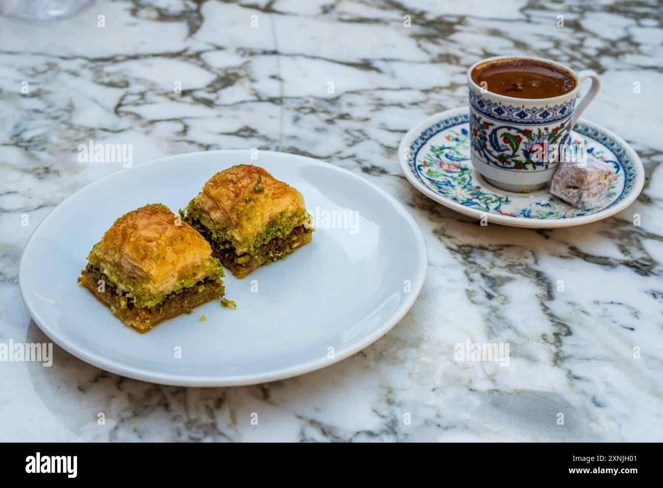 Turkish coffee and pistachio baklava pastry dessert, Istanbul, Turkey ...