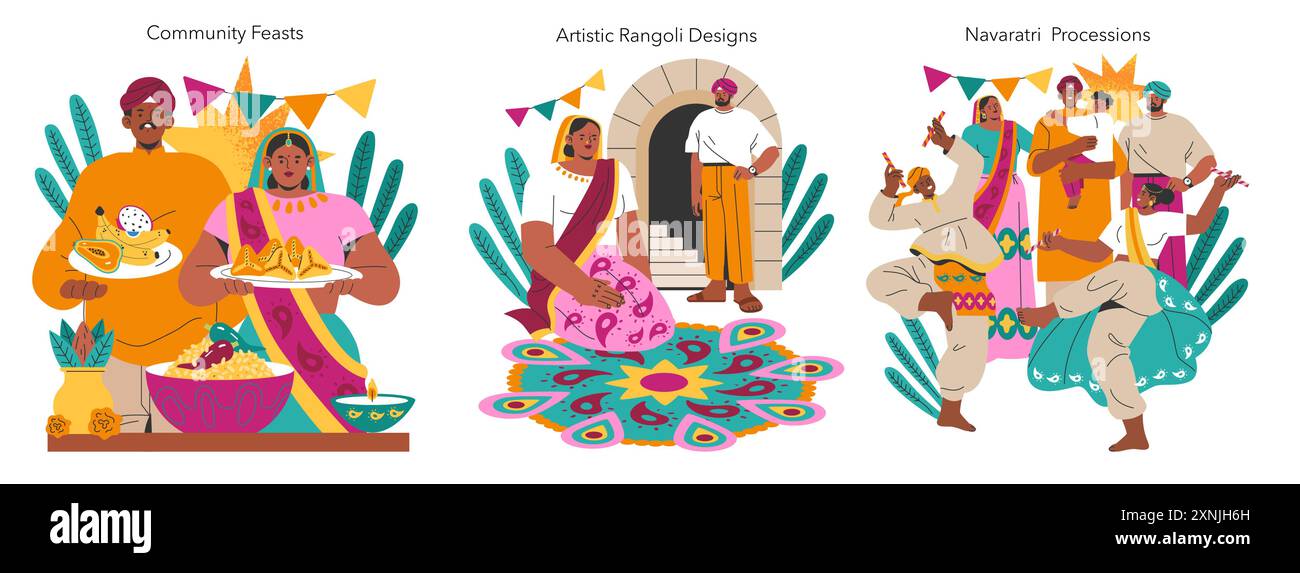 Navaratri set. Hindu festival celebration with community feasts ...