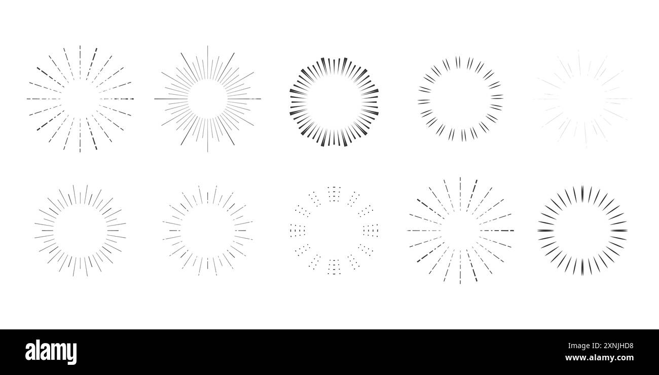 Set Fireworks, rays, sunburst frames circle border decoration, sparkle in doodle style, line ...