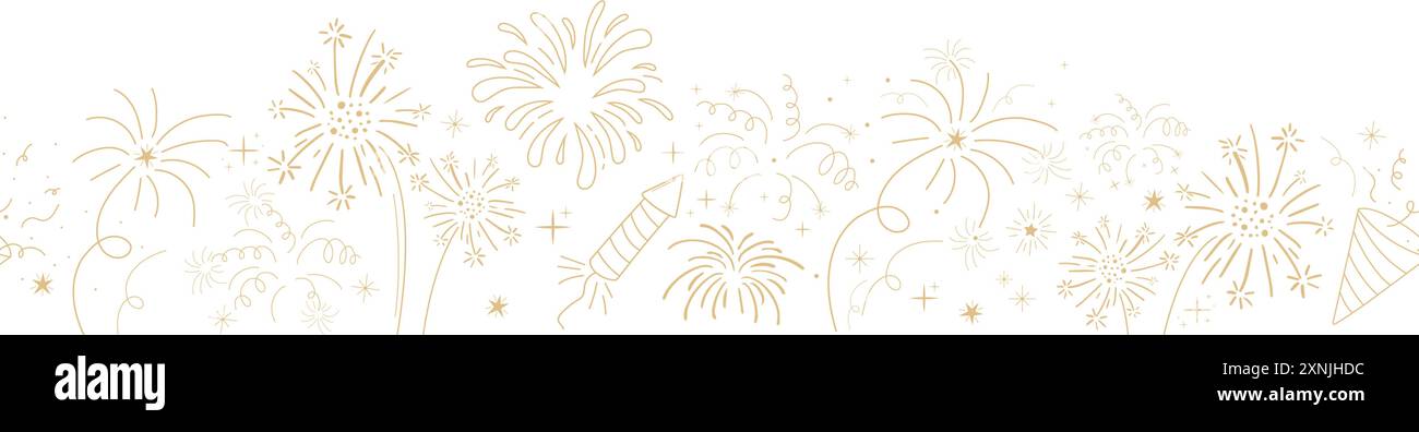 Fireworks festive explosion golden bursts, sparks in doodle style seamless pattern border ...